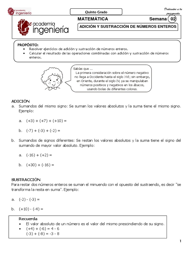 Matemáticas para quinto grado: Adición y sustracción de números enteros ...