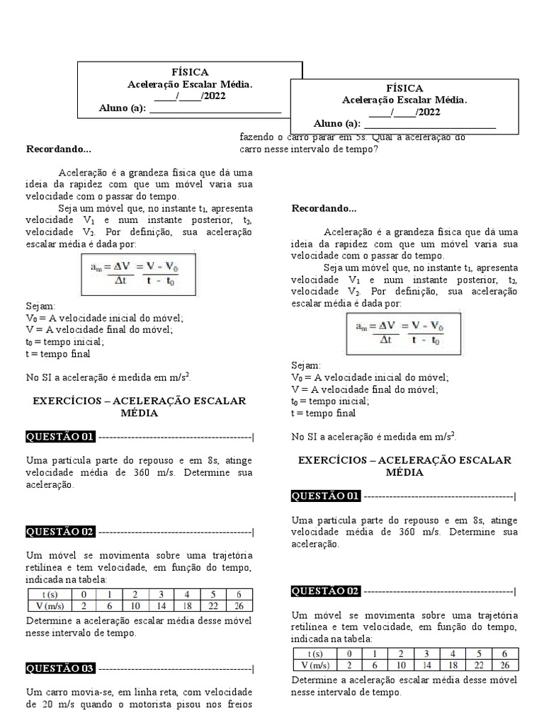 Exercícios de Aceleração Escalar Média | PDF | Velocidade | Velocidade