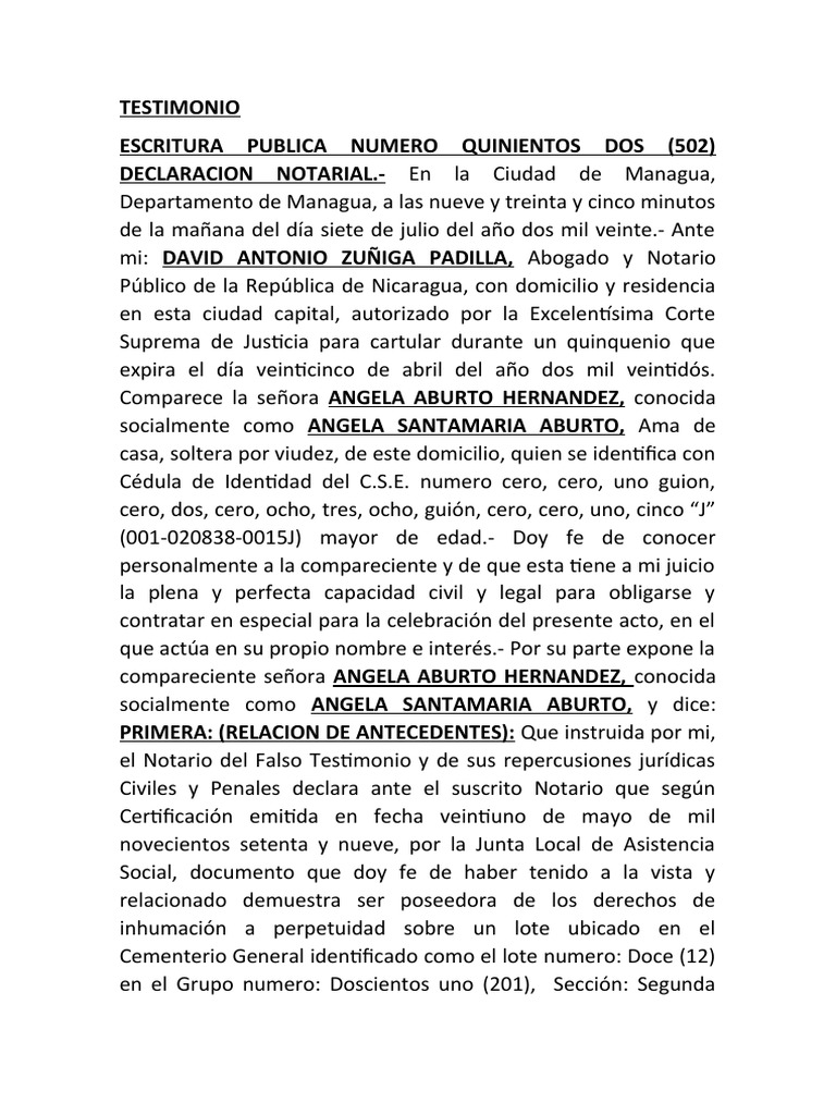 Testimonio notarial derechos inhumación | PDF | Derecho Civil (Common ...