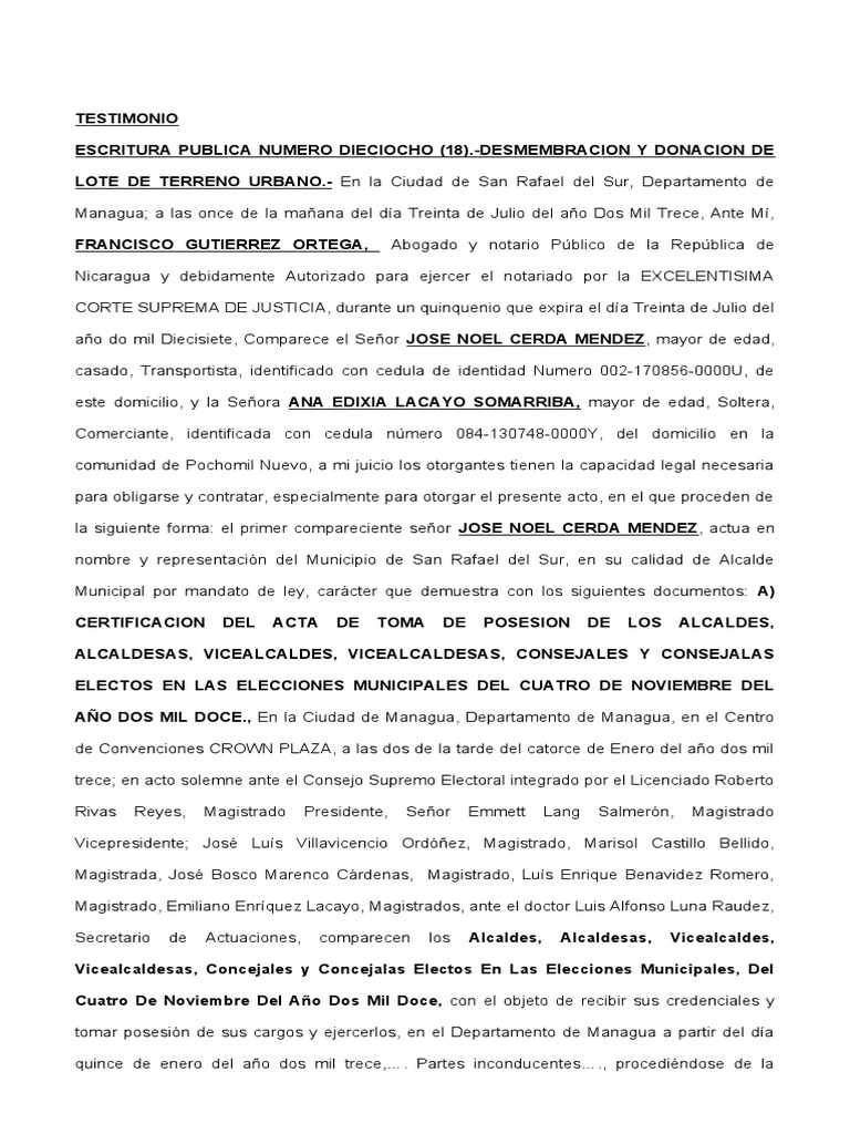 Testimonio Ana Edixia Lacayo Somarriba | PDF | Alcalde | Derecho Civil ...
