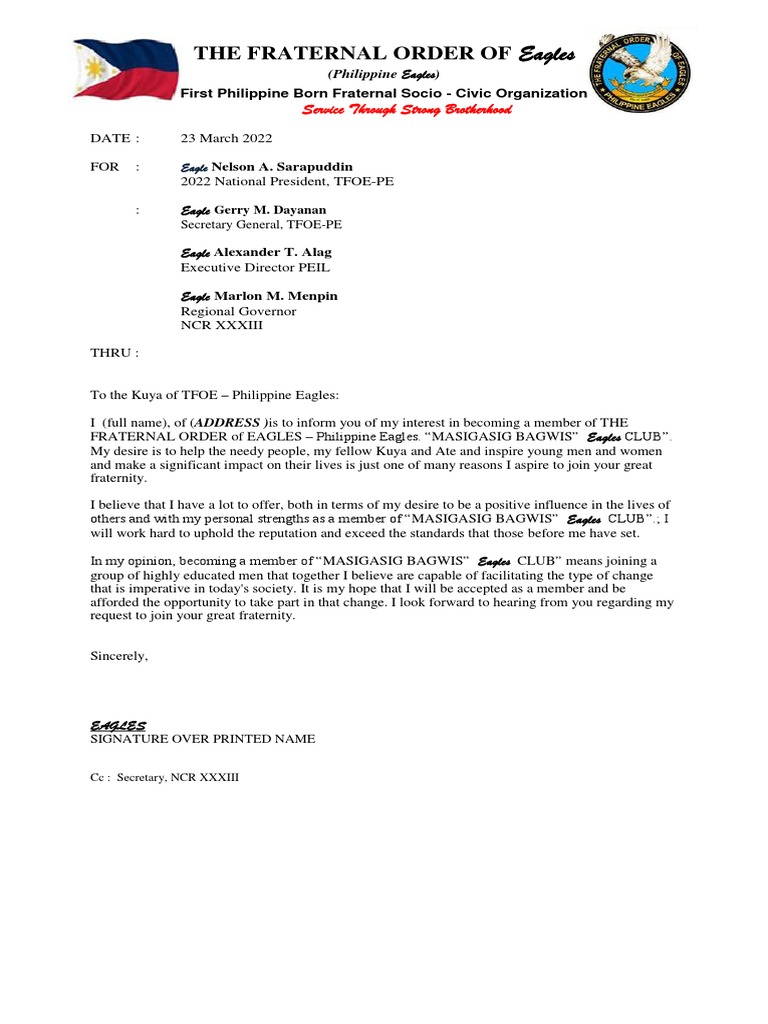 Philippine Eagles Membership Application | PDF