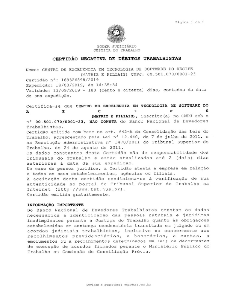Certidão Negativa Débitos Trabalhistas | PDF