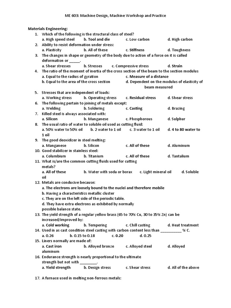 Machine Design and Workshop Practice Quiz | PDF | Belt (Mechanical) | Gear