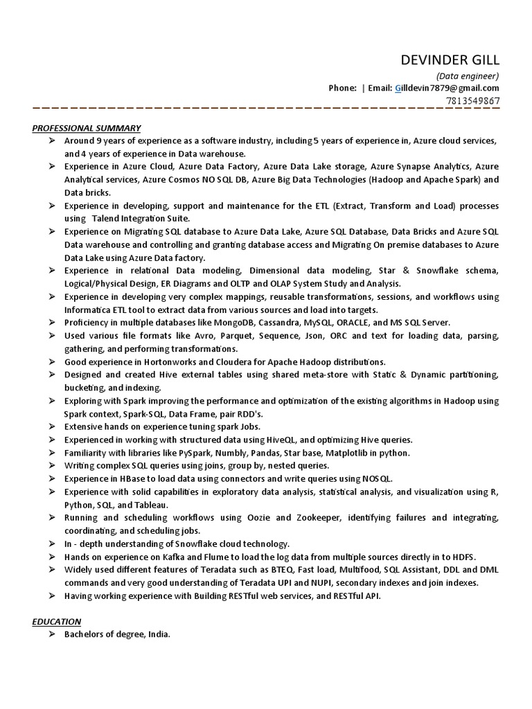 Devinder Gill - DE - Resume | PDF | Apache Spark | Apache Hadoop