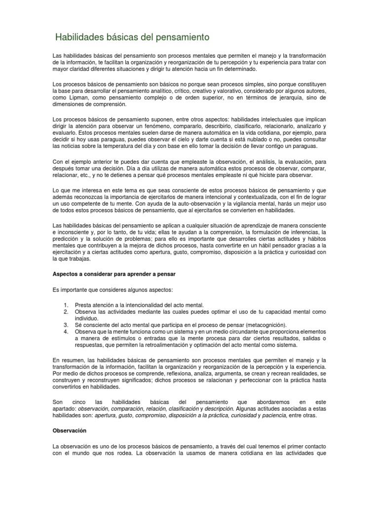 Habilidades Básicas Del Pensamiento - LECTURA | PDF | Pensamiento | Mente