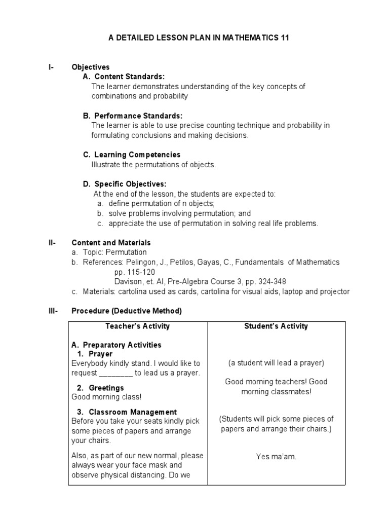 Final Demo Lesson Plan | PDF | Permutation | Lesson Plan