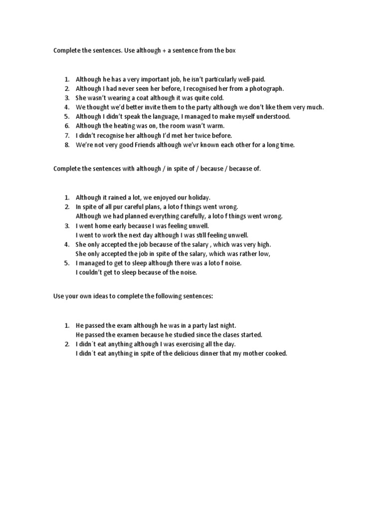 Grammar, How To Use Although, in Spite Of, Because and Because Of. | PDF