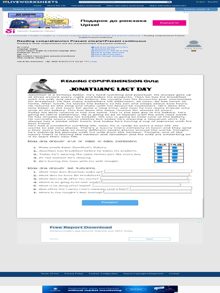 Reading Comprehension Present Simple+Present Continuous Worksheet | PDF