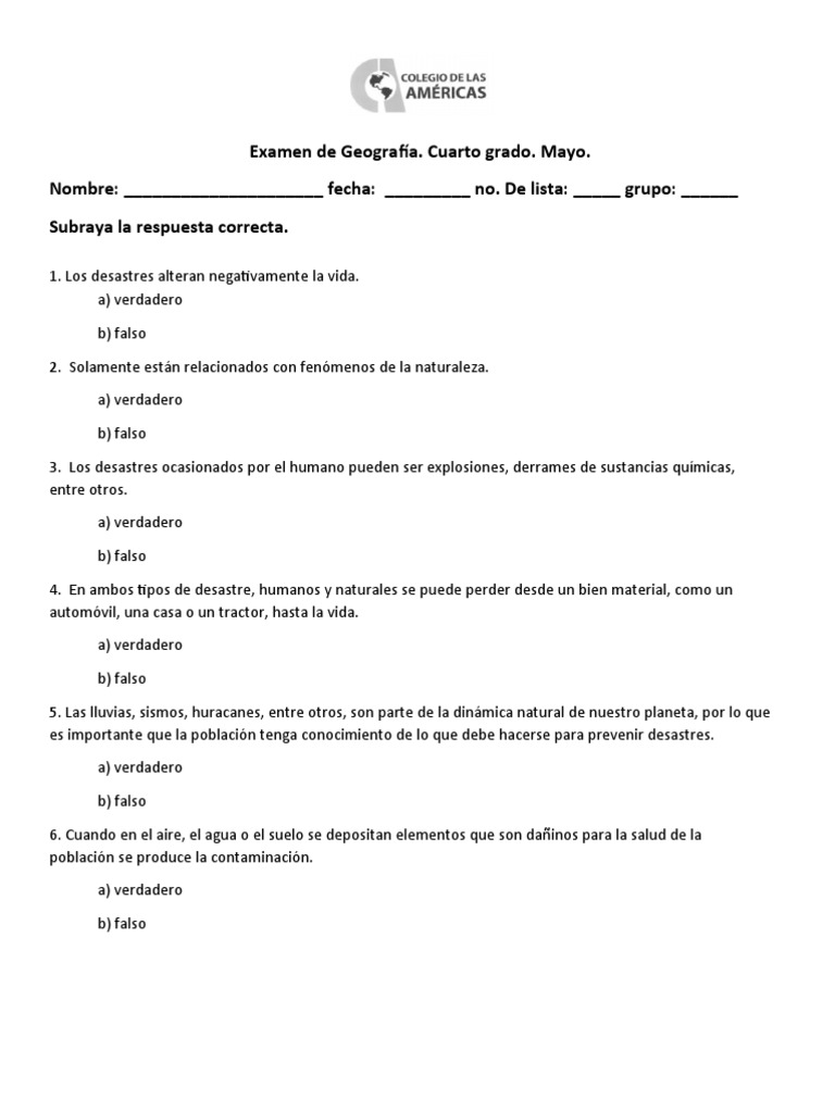 Examen de Geografía para Cuarto Grado | PDF | Contaminación | Agua