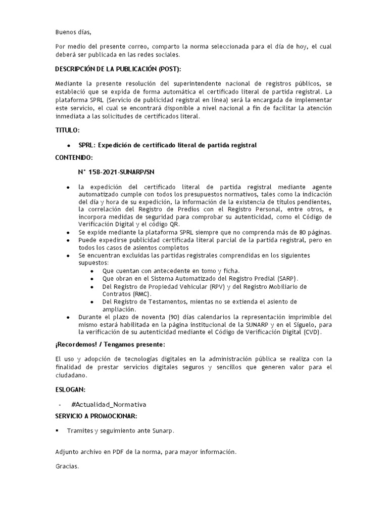 N° 158-2021-SUNARP-SN - SPRL-Expedición de Certificado Literal de ...