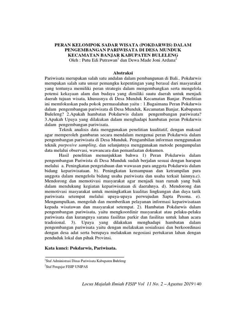 Peran Kelompok Sadar Wisata (Pokdarwis) Dalam | PDF