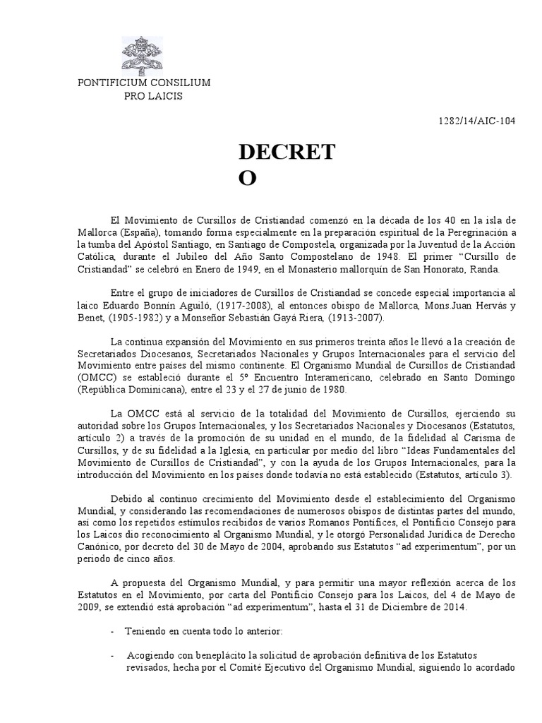 Decreto Aprobatorio Del Pontificio Consejo para Los Laicos 12 de ...