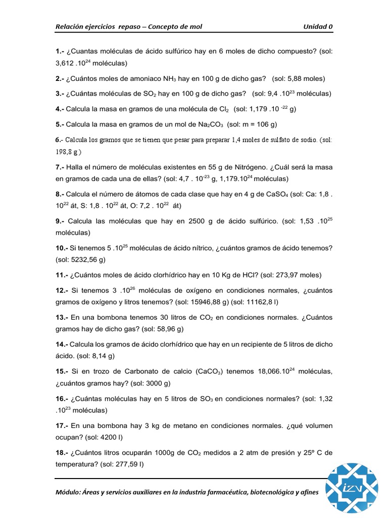 Ejercicios Repaso Concepto de Mol | PDF | Mole (Unidad) | Oxígeno