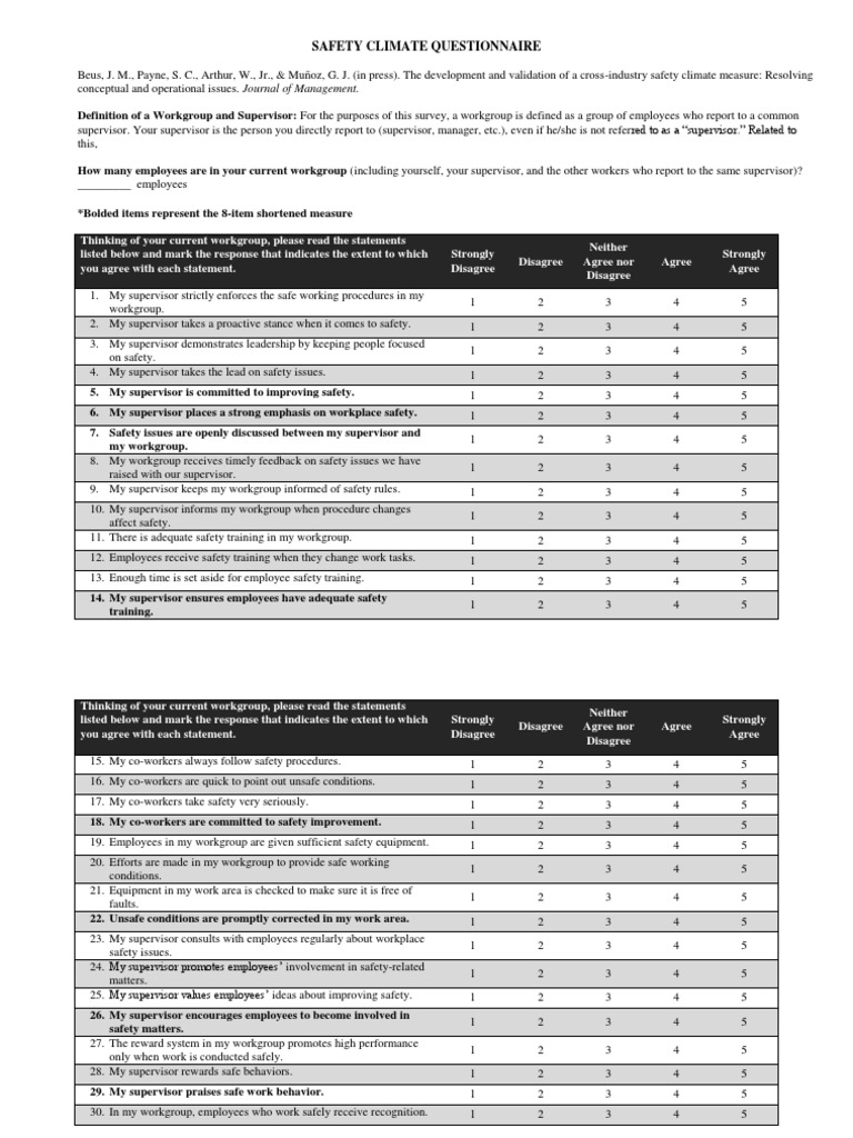 Safety Climate Questionnaire Survey | PDF | Supervisor | Cognitive Science