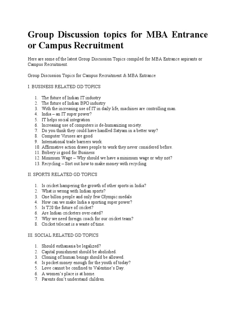 MBA & Campus Recruitment GD Topics | PDF