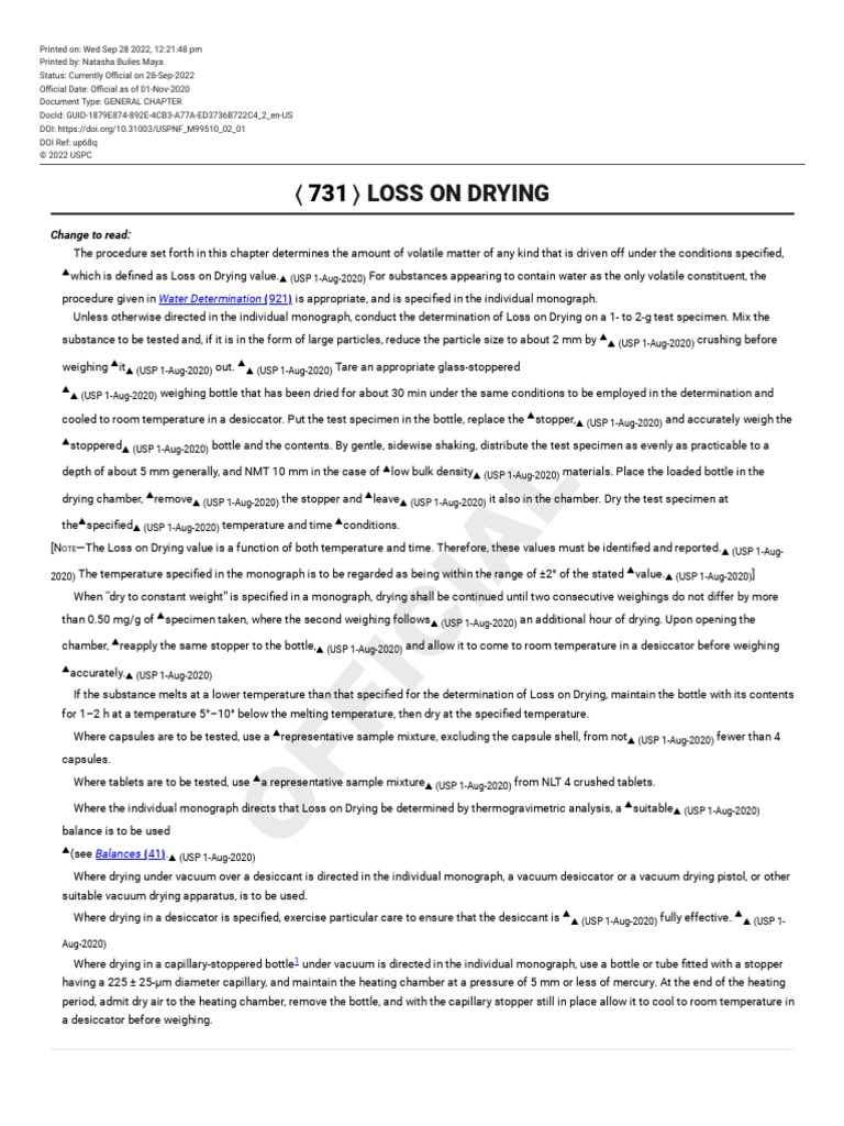USP-NF 731 Loss On Drying | PDF | Temperature | Density