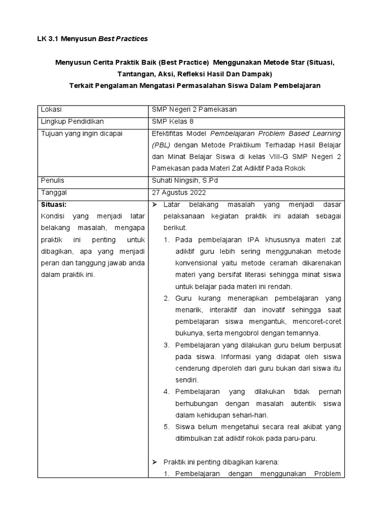 LK 3.1 Menyusun Best Practice PPL 1 - Suhati Ningsih | PDF