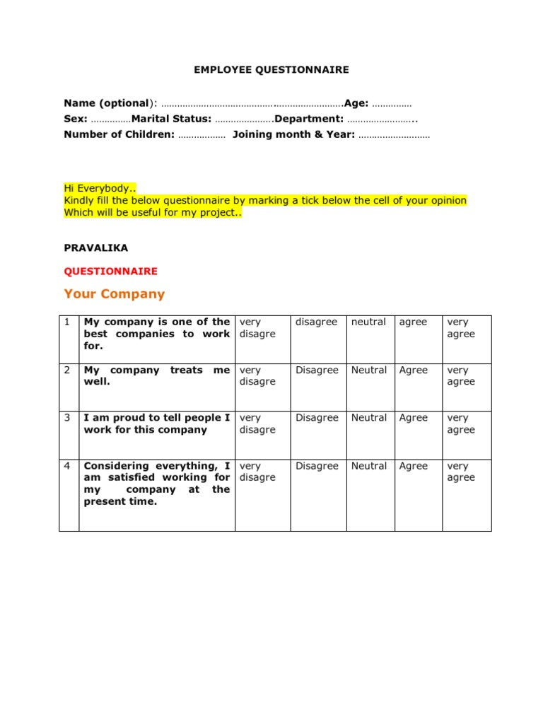 Employee Questionnaire | PDF