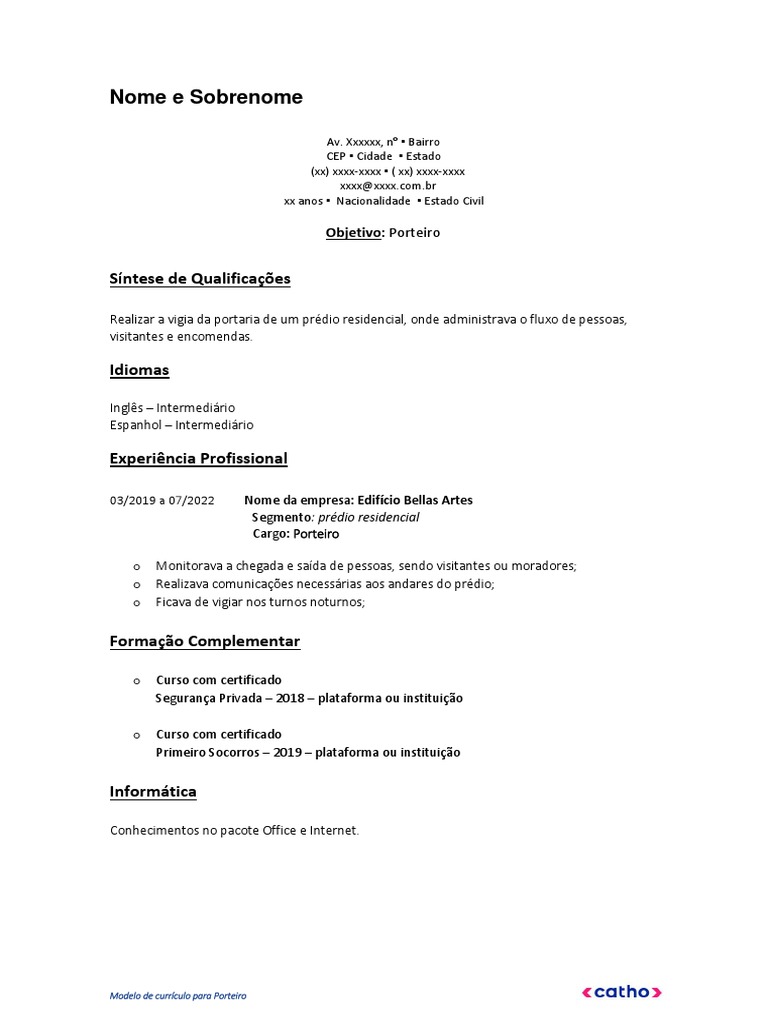 Modelo de Curriculo Porteiro Catho | PDF