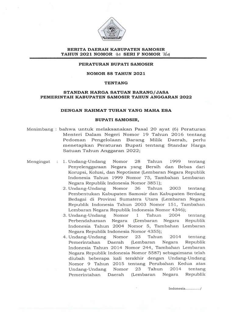 Perbub Standar Harga 2022 | PDF
