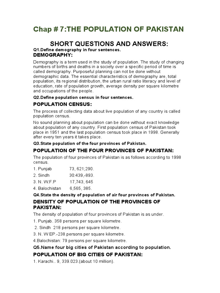 Short Question Answer | PDF | Pakistan | Demography