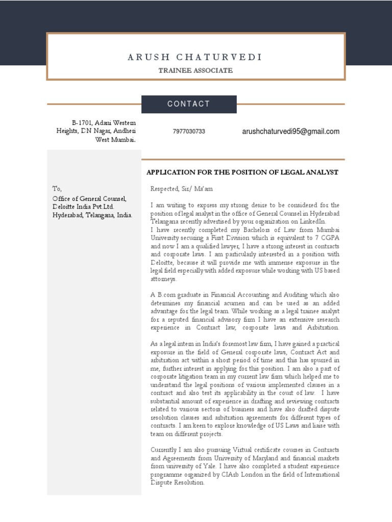 Arush Cover Letter Deloitte | PDF | Lawyer | Law Firm