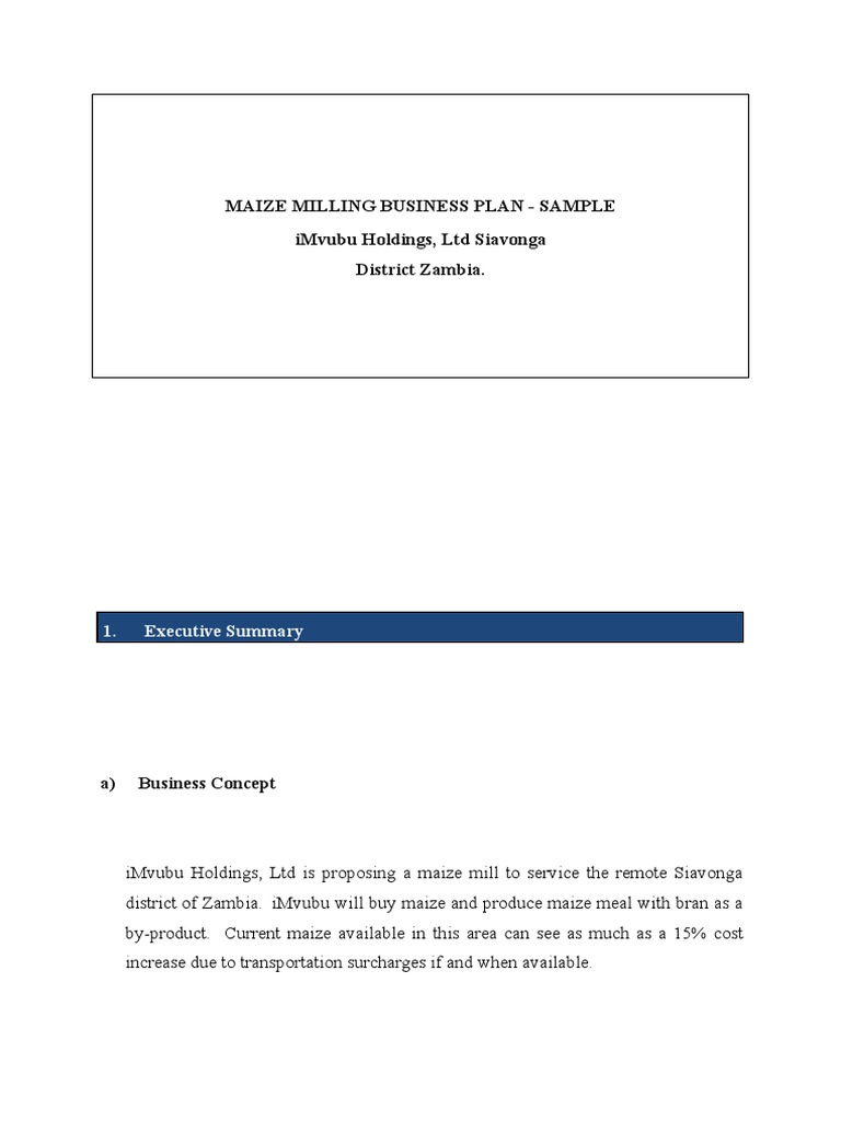 Maize Milling Business Plan Sample | PDF | Zambia | Maize