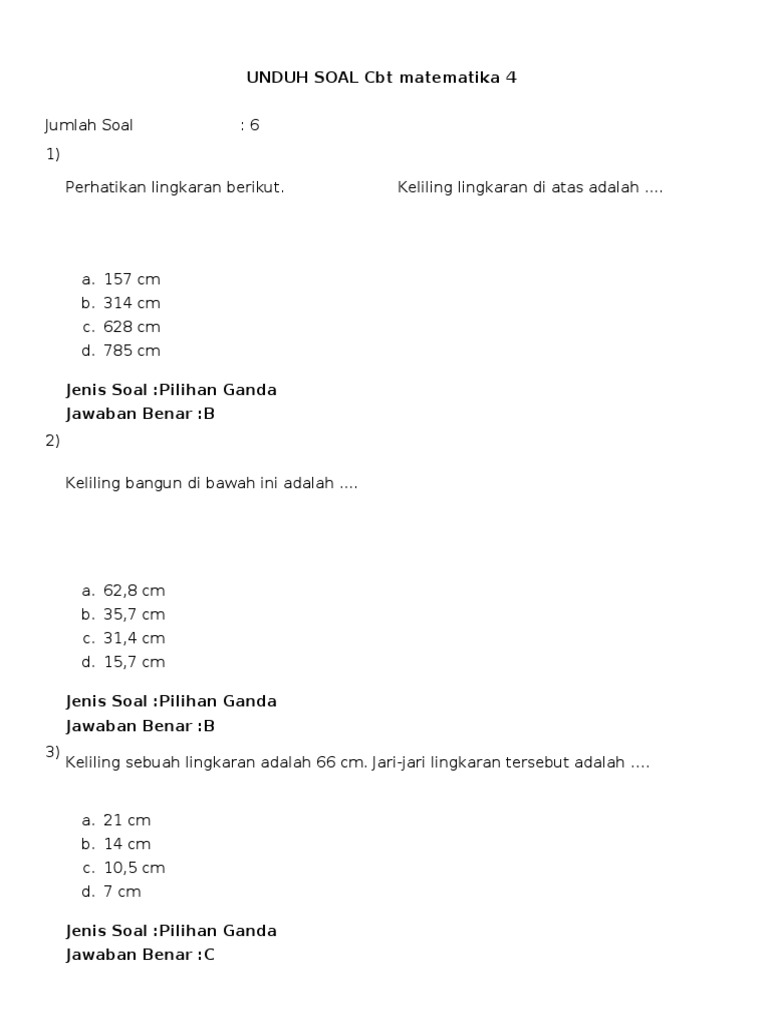 Lembar Soal CBT Matematika 4 | PDF | Metode & Bahan Ajar