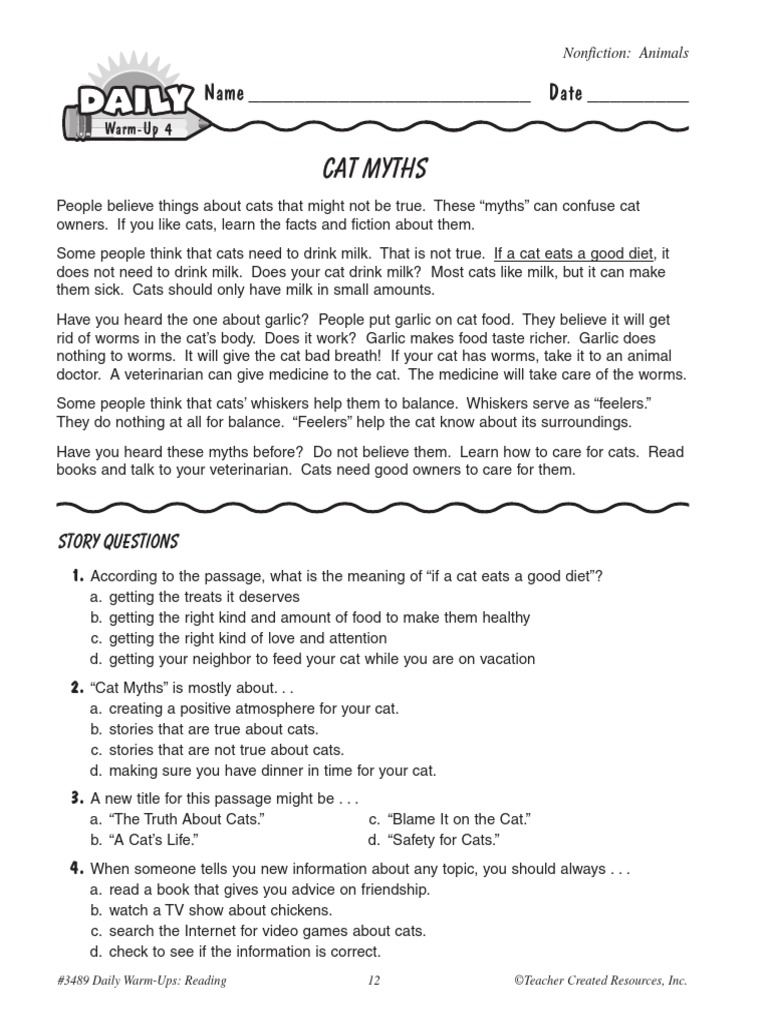 Reading Comprehension - Cat Myths | PDF | Cats