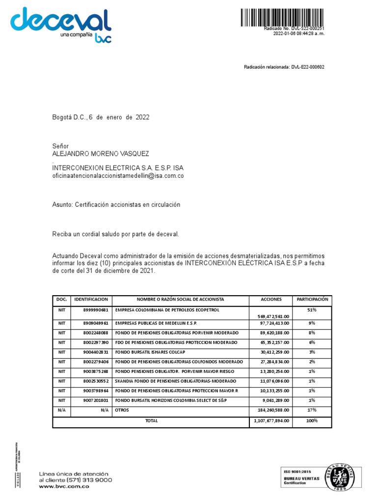 Certificado Participacion Accionaria 2022 | PDF | Colombia