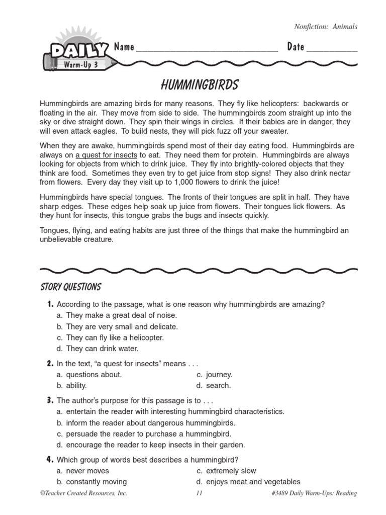 Reading Comprehension - Hummingbirds | PDF