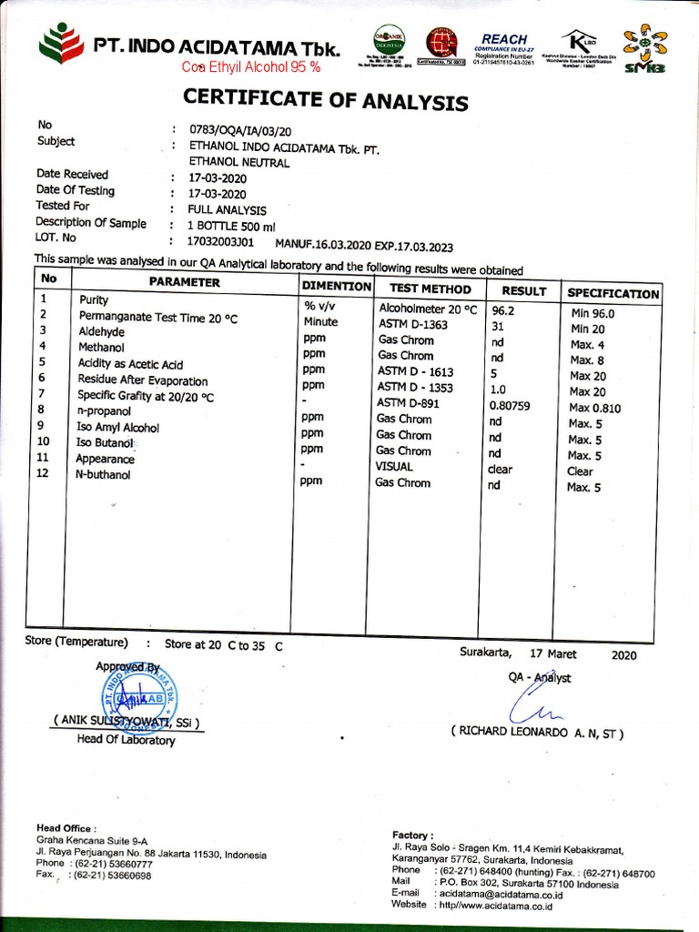 COA Ethanol | PDF | Hydrogen Compounds | Chemistry