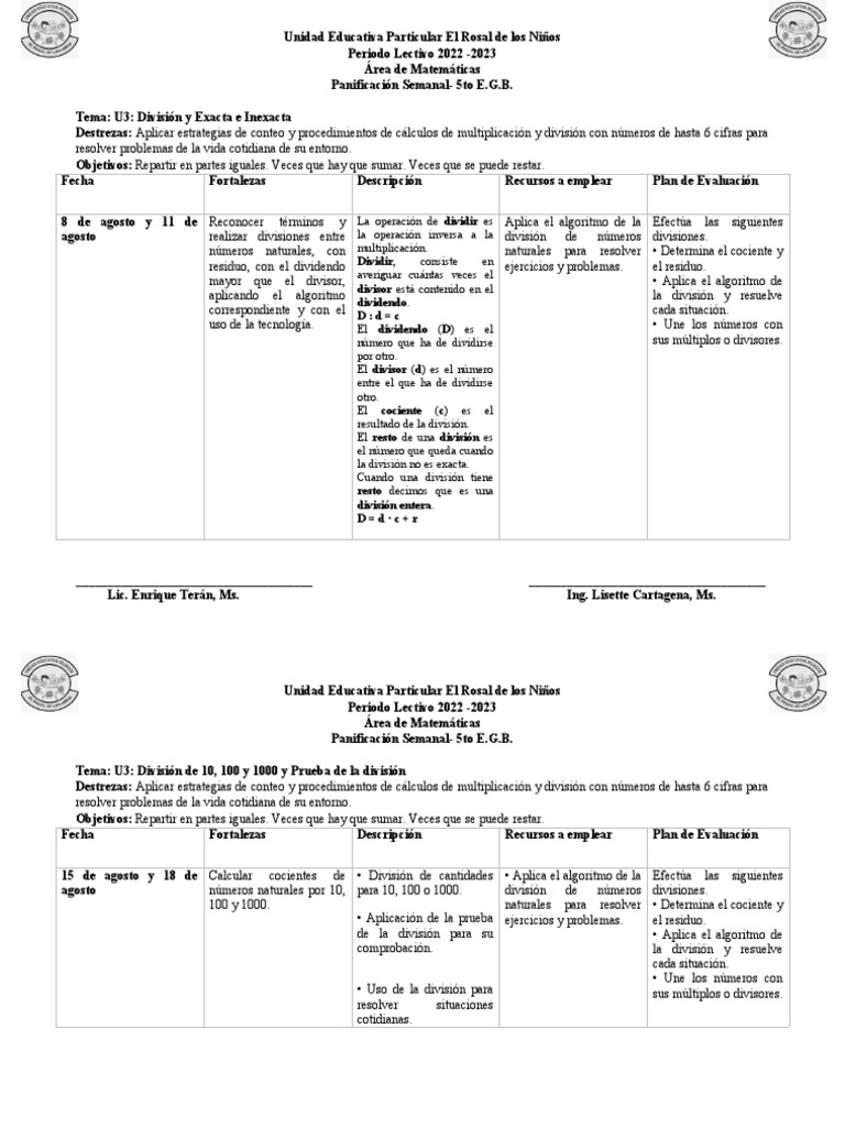 Planificación 5to | PDF | División (Matemáticas) | Número primo