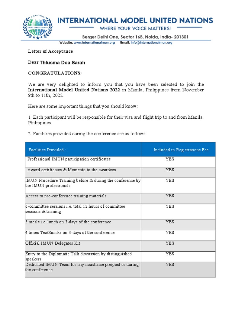 Letter of Acceptance Dear Congratulations!: Thlusma Doa Sarah ...