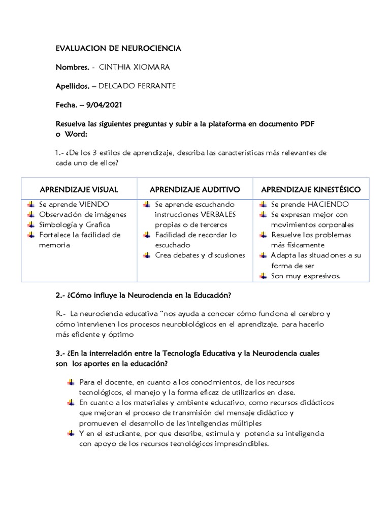 Evaluacion de Neurociencia - CXDF | PDF | Aprendizaje | Neurociencia