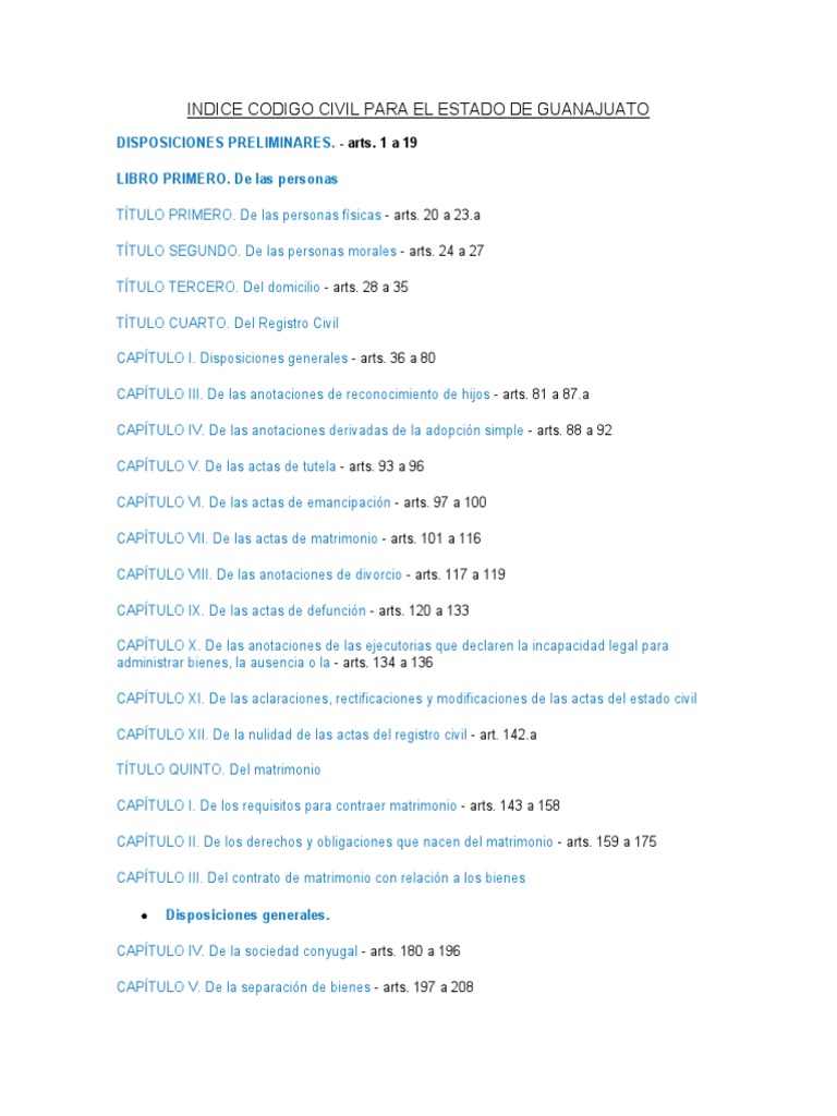 Indice Codigo Civil para El Estado de Guanajuato | PDF | Derecho contractual | Familia