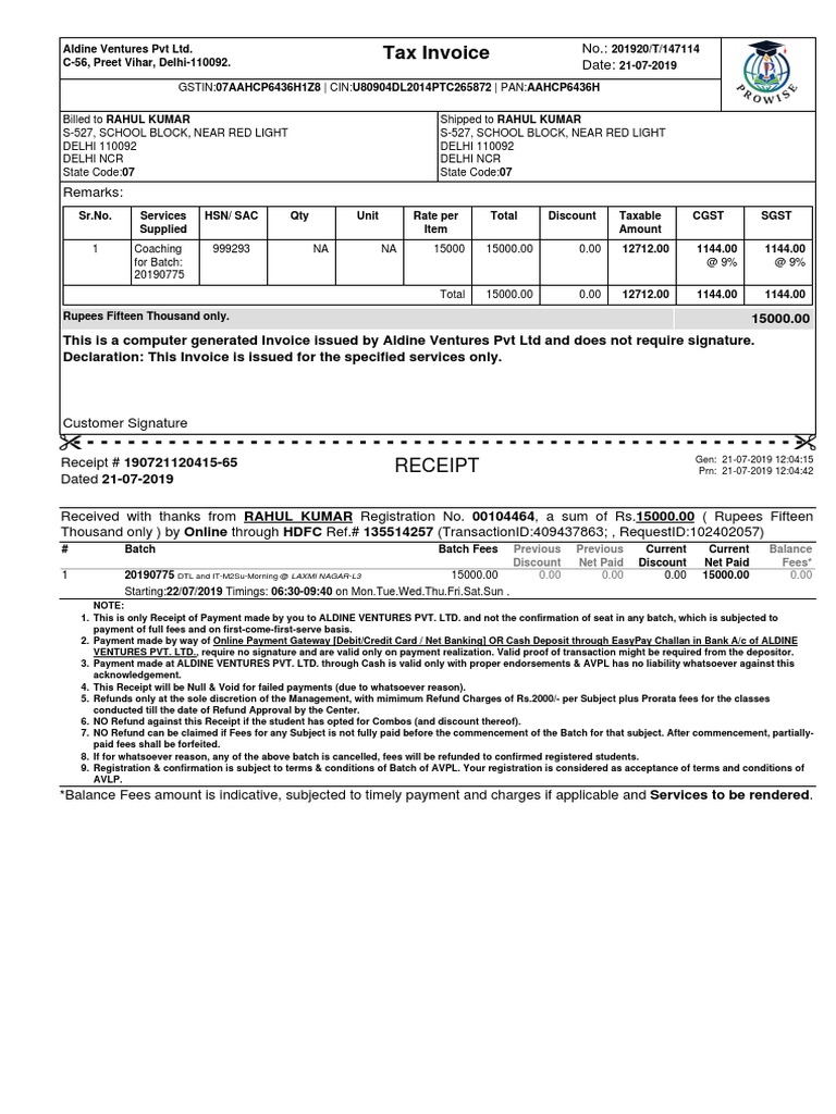 Coaching Payment Receipt | PDF | Payments | Fee