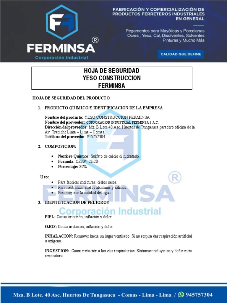 Hoja de Seguridad Yeso Construccion 1 | PDF | Yeso | Ciencias fisicas