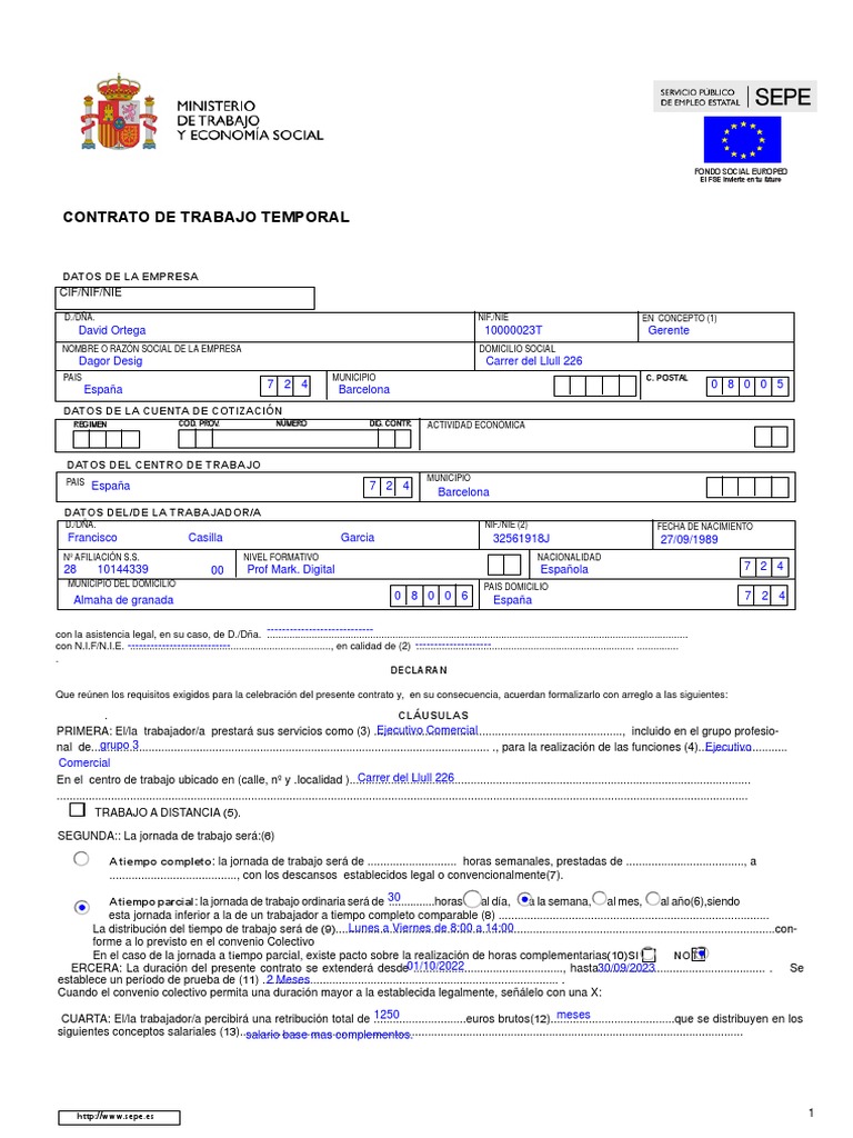 Contrato de Trabajo Temporal, Ejemplo | PDF | Tiempo de trabajo | Economias