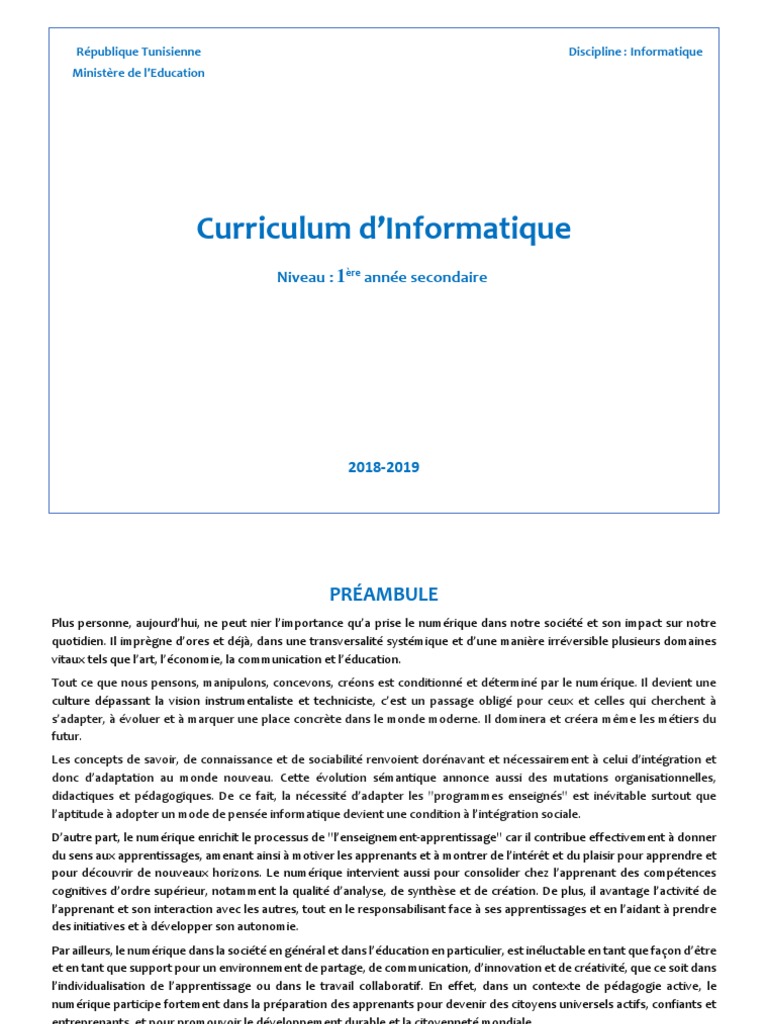 Curriculum D'informatique - 1ère Année | PDF | Pédagogie ...