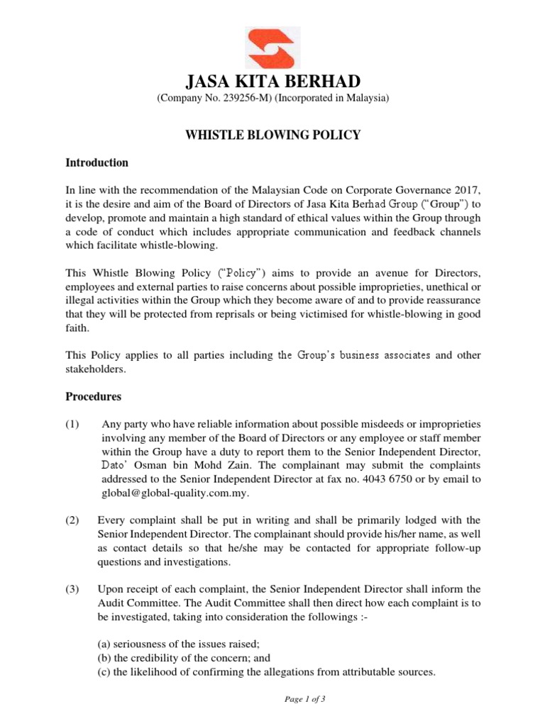 JKB Whistle Blowing Policy | Download Free PDF | Whistleblower | Board ...