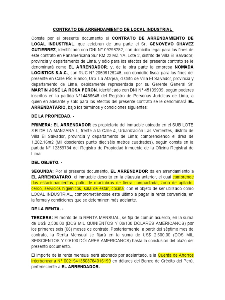 Contrato de Arrendamiento de Local Industrial Ves - Mz. L Sub Lote 3b ...