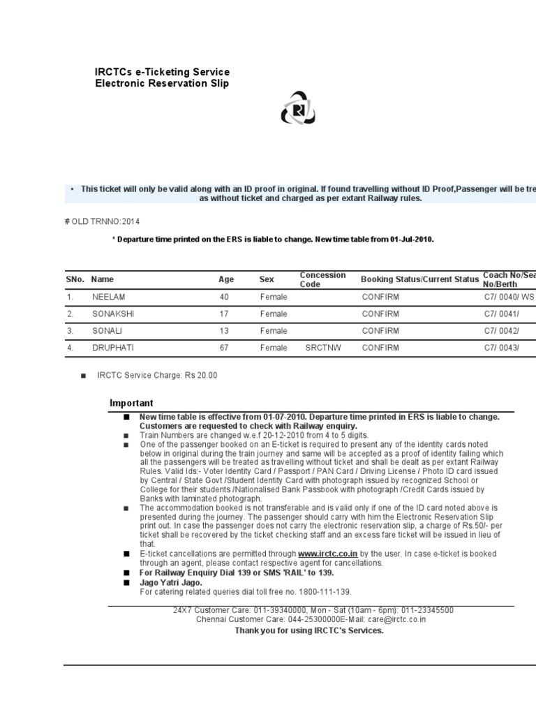 Irctcs E-Ticketing Service Electronic Reservation Slip | PDF | Identity Document | Ticket ...