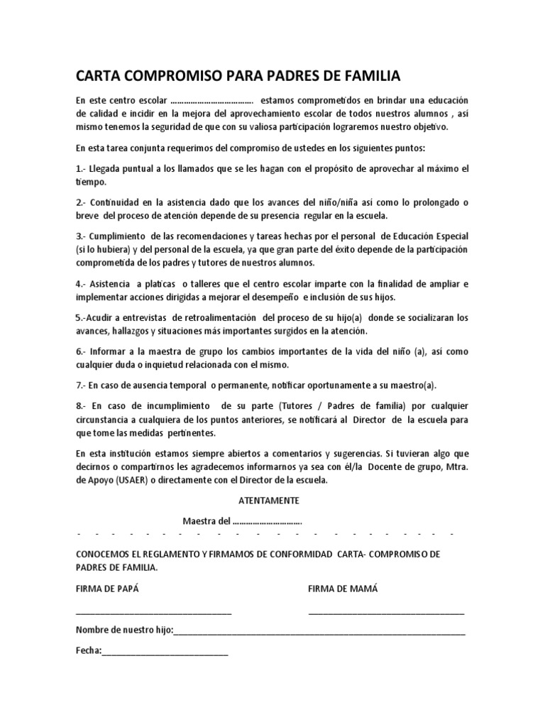 Carta Compromiso para Padres de Familia | PDF