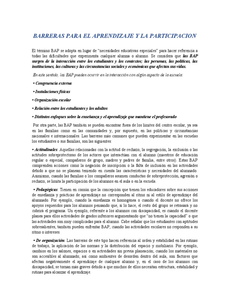 Barreras para El Aprendizaje y La Participacion | PDF | Método de enseñanza | Aprendizaje