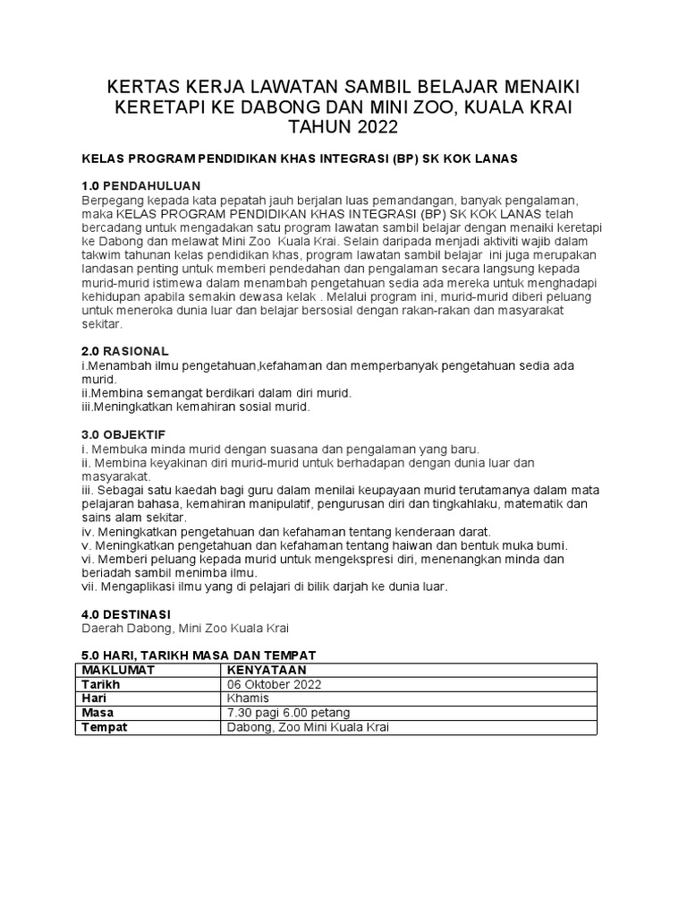 Kertas Kerja Lawatan Sambil Belajar Menaiki Keretapi Ke Dabong Dan Mini Zoo | PDF