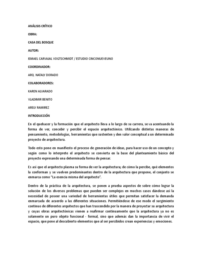 ND - ANALISIS CRÍTICO - CASA DEL BOSQUE Final | PDF | Pensamiento | Espacio