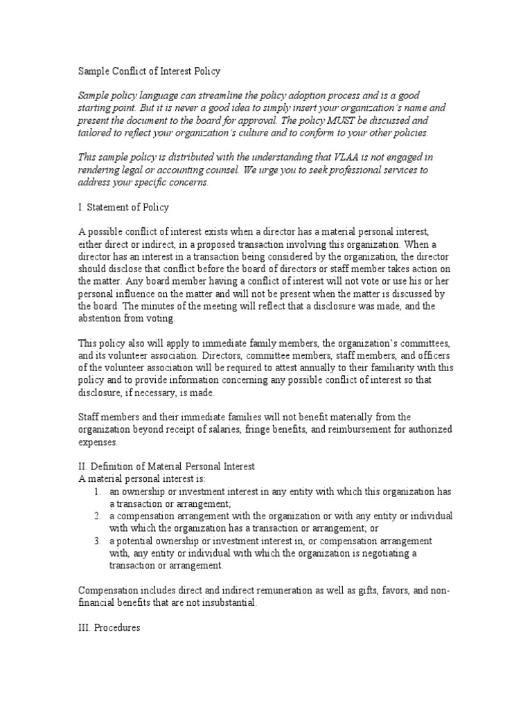 Sample-Conflict-of-Interest-Policy | PDF | Conflict Of Interest | Discovery (Law)