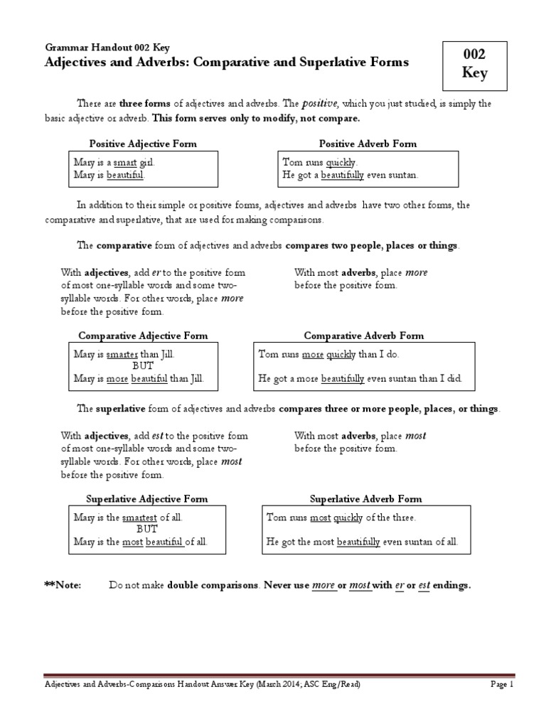 002 Adjectives and Adverbs - Comparisons Handout Answer Key | PDF ...