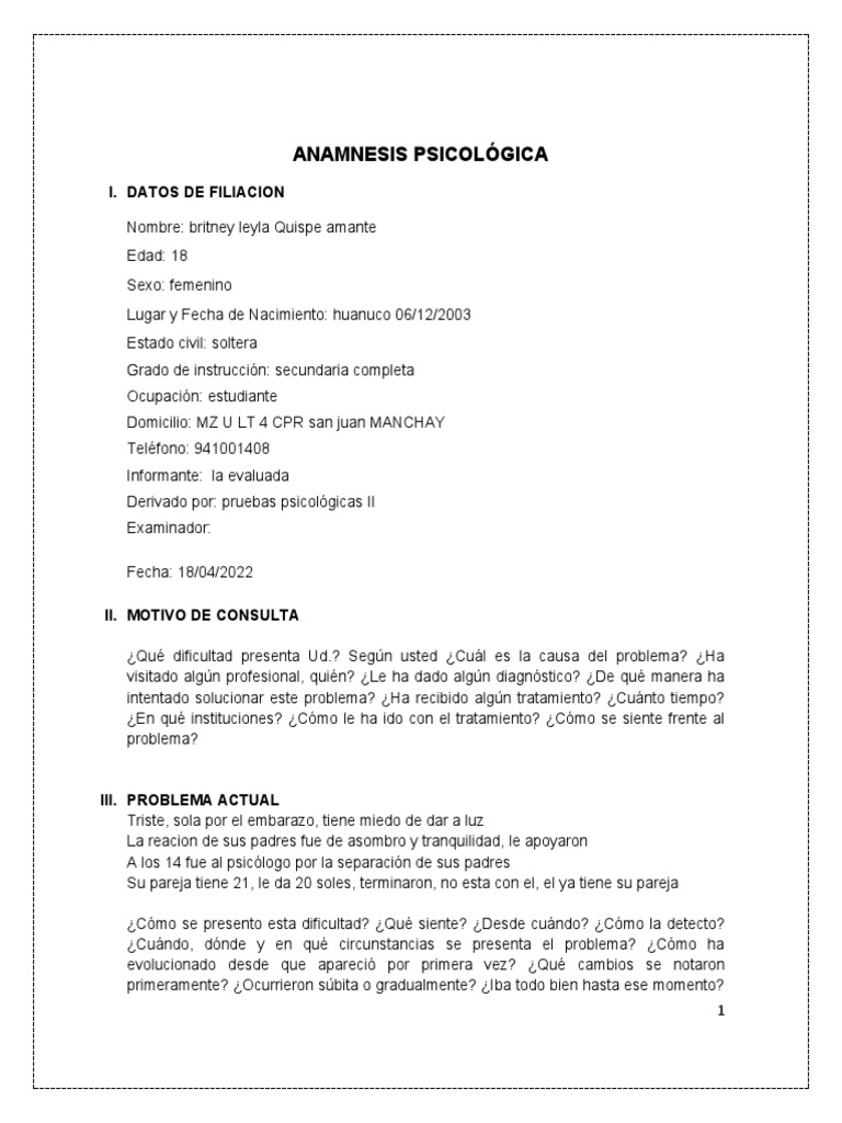 Modelo de Anamnesis Psicológica | PDF | El embarazo | Menstruación